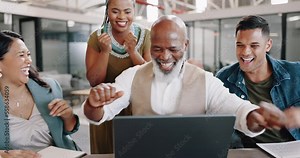 Business, man with laptop and team celebrate, applause for partnership and collaboration in modern office. Staff, ceo and employee with digital target, company deal and corporate goal for teamwork.