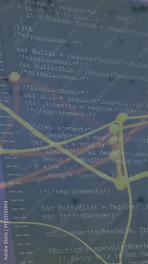 Vertical video: Cam pulling, screen revealing code while nodes pulsing, text scrolling for review