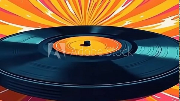 retro record animation, spinning vinyl vector, 70s style background, flat color record disc, retro music loop, vintage disc rotation, vector animation loop, groovy record spinning, psychedelic vinyl