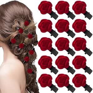20Pcs Valentine Rose Flower Mini Hair Clips, Red Floral Hair Barrettes Decorative Brooch Cute Headpiece Vintage Hairpin Accessories for Women Girls Bridal Toddlers Wedding