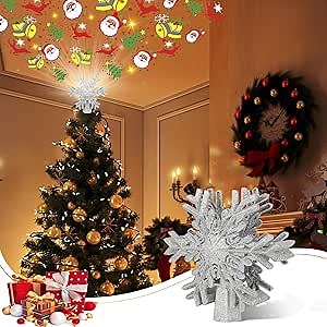 iLitLuk Snowflake Christmas Tree Topper Lighted with Built-in Rotating LED Projector Glittered Snowflake Shaped Tree Top Projection Light for Christmas Tree Decoration Home Office New Year Party