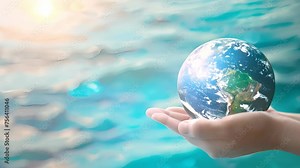 holds a global in their hand while standing in water. Concept of responsibility and awareness towards the environment, Sustainable development