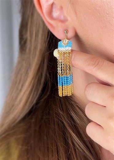 Long Beadwork Chain Earrings, Chic Yellow & Blue Spinel Stud Fringe Earrings, Gift Ideas for Her - Etsy