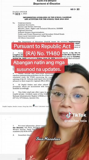 Replying to @stevenclarkarahan Number of School Days for S Y. 2023-2024 according to Republic Act No. 11480. #LearnItOnTikTok #teacherbeia #DepEdteacher #EduWow