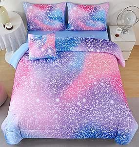 RYNGHIPY 6Pcs Girls Bedding Set Twin Size Colorful Rainbow Comforter Set for Kids Teens Girls Glitter Bedding Set Lightweight Fluffy
