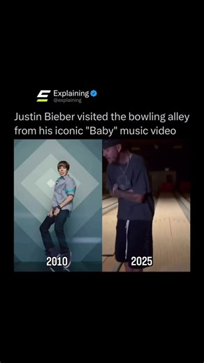 Explaining on Instagram: "Justin Bieber’s “Baby,” released in 2010, became one of the defining pop songs of the era and launched him into global superstardom almost overnight. The track blended catchy melodies with a youthful energy that instantly connected with millions of listeners around the world. At the time, Bieber was still at the very start of his career, making the song feel like a true breakout moment. The music video, set in a neon-lit bowling alley, quickly became one of YouTube’s mo
