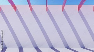 3D render of slow moving camera through glassy red bars in white wall archway in day light and blue sky with refraction and reflection effects, 4K seamless loop abstract architectural template