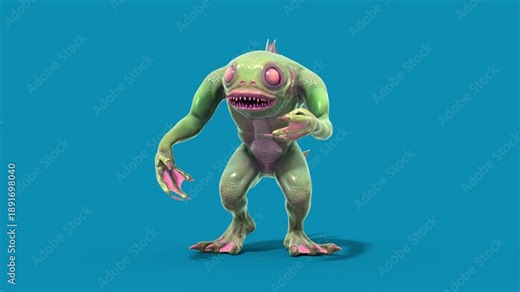 Blue Screen Fish Man Monster Walkcycle Front Loop 3D Animation Rendering CGI 4K