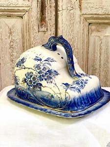 Antique Porcelain Flow Blue Cheese Keeper With Dome, Beautiful Gold Details - Etsy