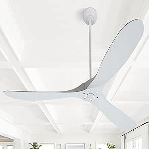 60 inch Ceiling Fans without Lights, Ceiling Fan no Light with 3 Blades, Solid Wood Ceiling Fan with Remote Control and DC Motor, Indoor Outdoor Ceiling Fans for Patios-White