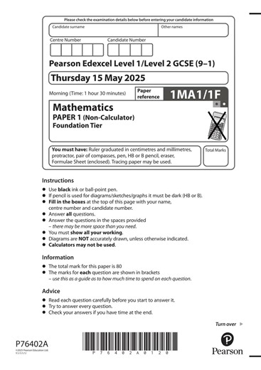 2025 Pearson EDEXCEL GCSE MathemATIcs Paper 1 1ma1 1f Non Calculator FoundATIon Tier