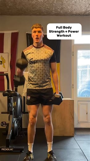 Full Body Strength Power Workout 🔥 Warmup 🪫 - Pogo Jumps 3 sets of 20 each - Push-ups 3 sets of 10 - Alt. lunges 3 sets of 10 each Power 🏋🏽‍♀️ x3 Sets A1. Box Jumps x6 A2. Lateral Hop and land x8 each A3. Med Ball slam x6 Strength 💪🏽 A1. Bench Press 3x6 A2. Banded Push-up 3x6 A3. DB Split Squat 3x8 each B1. BB Front Squat to Box 3x6 B2. Banded CMJ 3x6 B3. DB Shoulder Press 3x8 each Accessories 👀 Banded Dead-bug 3x20 DB Hammer Curl 3x10 each Give this workout a shot and Follow the Page for