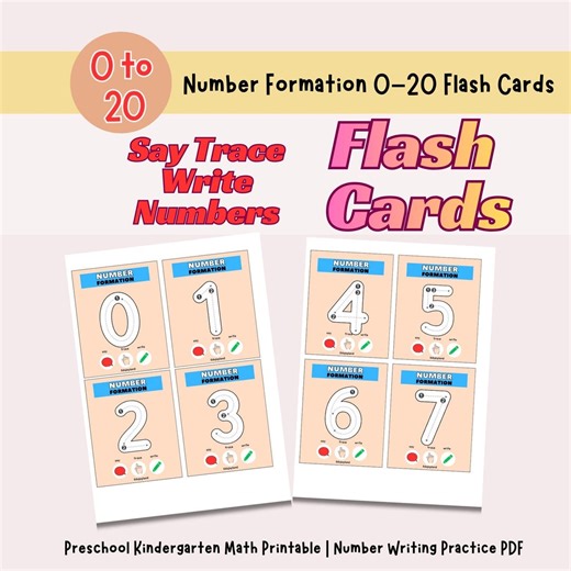 Number Formation 0–20 Flash Cards | Say Trace Write Numbers | Preschool Kindergarten Math Printable | Number Writing Practice PDF - Etsy