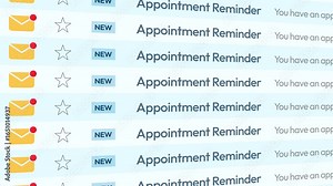 Appointment Reminder email list scrolling on the screen close up, 4k animation. Medical appointment, meeting, call, teamwork