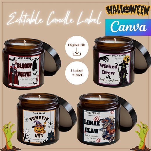 Editable Halloween Candle Label Bundle: Spooky DIY Stickers (canva Template) - Etsy