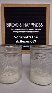 They are the same - except they aren’t! These two sourdough starters were both fed the same amount, the same ratio, at the same time, were the same temperature, and made with the same flour. Want to know the difference? The jar on the left was made with happy active starter that was at peak. It rose beautifully, it smells great, the texture is just as I expected it to be. The jar on the right was fed with one week old discard from the fridge. It rose ok (more than double in volume) and has small