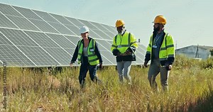 People, engineer and solar panel for eco friendly environment or alternative energy in nature. Group of employees, contractor or technician team walking for outdoor electrical installation in sun