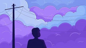 Person observing dawn cloudscape lo fi animated cartoon background. Man silhouette under power lines lofi aesthetic live wallpaper animation. Sunrise color chill scene 4K motion graphic