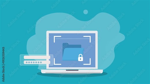 Flat animation of a laptop scanning a locked folder with cloud background, representing cybersecurity, protected data access, file security, and digital technology protection concept.