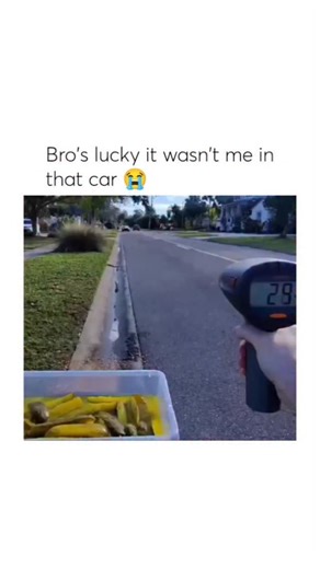 Meme on Instagram: "One lucky guy 💀 This is a classic example of “vigilante comedy” content that frequently goes viral on platforms like TikTok and Instagram. In the video, a man is seen standing on a residential sidewalk using a radar gun to track the speed of oncoming traffic. He claims to be in a 15 mph school zone and becomes visibly agitated when he clocks a red Ford Mustang traveling significantly over the limit. As the car passes, the creator launches a massive container of pickles and b