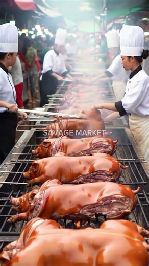 Female Chefs Roasting Whole Pigs in Perfect Formation 🔥🐖#streetfood #shortvideo ‪@mfajar88‬