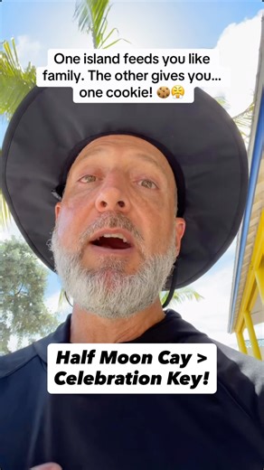 Retired_In_Miami on Instagram: "Here’s the real difference between Half Moon Cay and Celebration Key… At Half Moon Cay, you can load up on as much BBQ, desserts, fruit, and cookies as you want. At Celebration Key? You’re getting one meal and one single cookie before everything turns into an upcharge. The beach at HMC hits harder, the shade is better, and the buffet actually feels like a vacation meal… not a ration. So I’m curious… Which one are YOU choosing? Half Moon Cay or Celebration Key? 🍗�