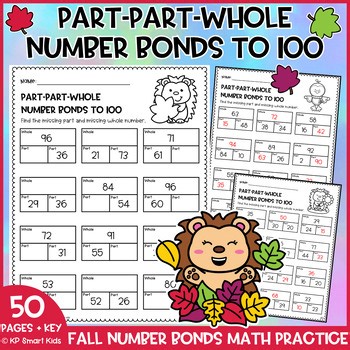 Fall Part-Part-Whole Number Bonds to 100 Missing Whole & Part Math Practice