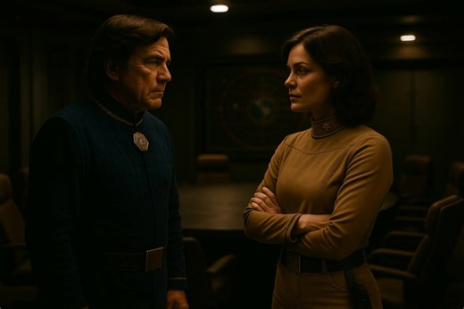 “A Private Word with Apollo”....Athena stands facing Apollo, arms folded, eyes unwavering. Apollo looks conflicted as she demands Cassiopeia be placed on the mission. | Battlestar Bulletin Board | Facebook