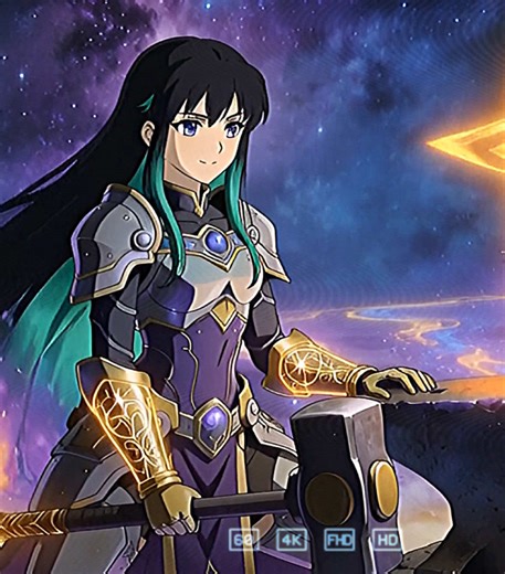 #luna #motivation #violethammer #sword #aiart. Her hair, tinted teal and violet at the tips, flows in low gravity as each strike makes the river of light behind her pulse.