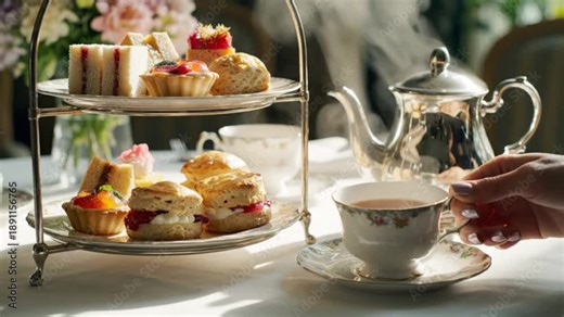 A sophisticated close-up view captures an elegant afternoon tea service, showcasing a gleaming tiered silver stand laden with an inviting assortment of freshly prepared delicacies. Delicately cut fing