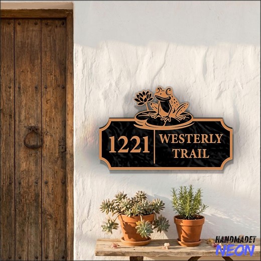 Custom Frog Address Sign, Zen Garden House Number Plaque, Nature Inspired Home Decor, Brass Address Sign Plate