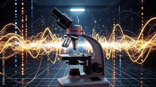 Microscope in Futuristic Lab: A modern microscope stands prominently in a state-of-the-art laboratory setting, where cutting-edge technology merges with scientific exploration.