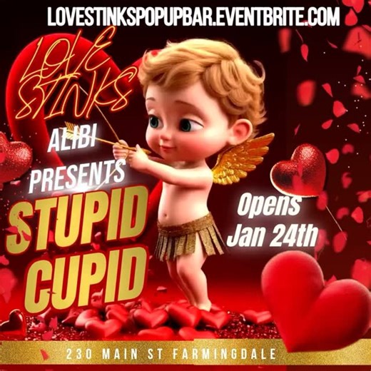 Love Stinks Pop Up Tickets Are Now On SALE! Early Bird Pricing Available! Limited Days & Times - 90 Min Seating - Souvenir Cup - Photo Ops - Performance & Meet and Greet With Naughty Cupid Themed Cocktails, mocktails and Small Plate Bar-Fare Bites available for purchase. Don’t Miss Out On Another Unique Experience brought to you by Alibi Farmingdale! #farmingdale #longisland #cocktails #foryoupage #antivalentinesday #foodie #valentines #foodlover #newyork #fyp | Alibi Lounge