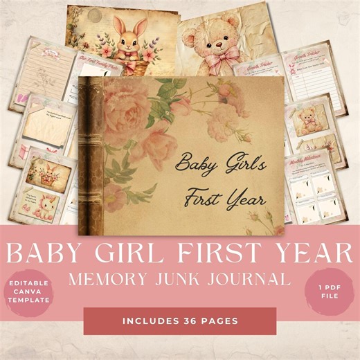 Baby Girl First Year Journal | Editable Canva Baby Memory Book | Printable Milestone Keepsake for New Moms & Grandmothers - Etsy