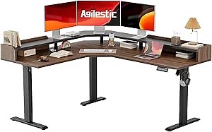 Agilestic L Shaped Standing Desk, Adjustable Height Corner Gaming Desk with Shelf, Sit Stand Up Desk, 63 x 55 Inch Home Office Computer Table, Dark Walnut