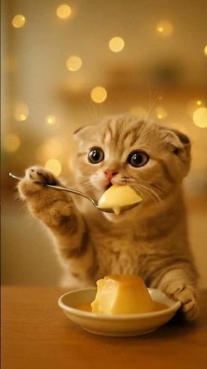 Kitten eating pudding