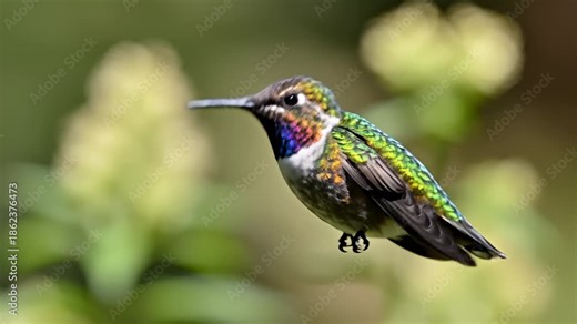 Anna's Hummingbird Hovering Mid-Air in Green Background
