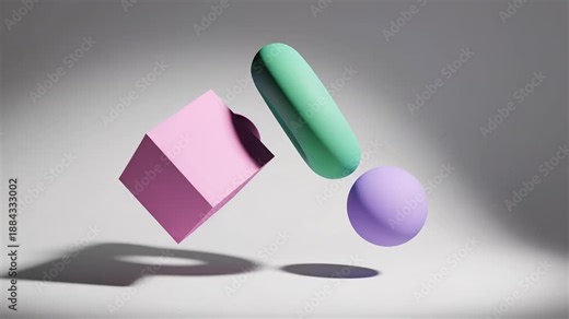 Minimal abstract geometric shapes animation in 4K resolution with slow rotation, soft shadows, pastel colors, and clean seamless loop design.