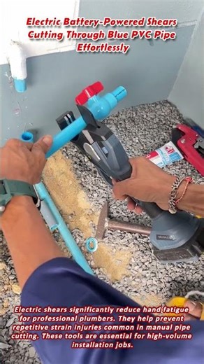 Electric Battery Powered Shears Cutting Through Blue PVC Pipe Effortlessly