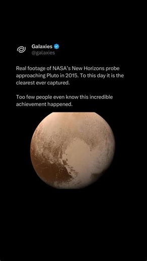 Galaxies on Instagram: "After travelling more than 3 billion miles, NASA’s New Horizons spacecraft made its closest approach to Pluto, passing within 7,800 miles of its surface, and providing humanity with the first close-up images of this distant world. The mission revealed Pluto’s stunningly diverse landscapes including vast plains, towering mountains, and mysterious ice volcanoes, reshaping our view of the Pluto system!"