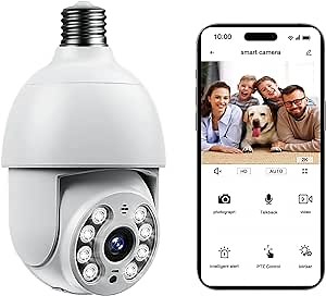 4MP Light Bulb Security Camera, 360° 2K Security Cameras Wireless 2.4GHz Outdoor/Indoor with Color Night Vision, Motion Detection, Audible Alarm, Auto Motion Tracking, SD&Cloud Storage with Alexa