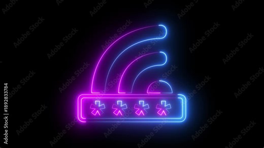 Glowing neon Wi-fi locked sign icon isolated on black background. Password wi-fi symbol. Wireless Network icon. Wi-fi zone. Limited access. internet security icon. 4k video animation.