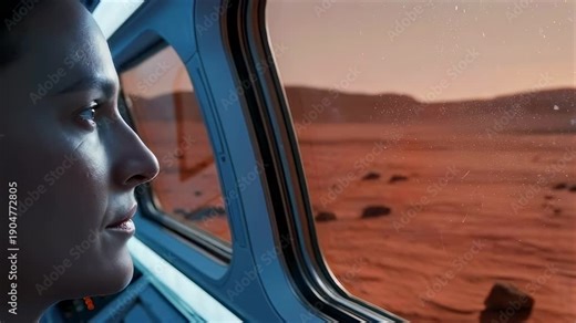 Woman gazes outward, Female views Mars through window, Profile of woman observing Martian landscape, Woman contemplates rocky plains of Mars seen through spacecraft window