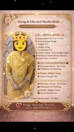 🌟 Young & Educated Muslim Bride – Kandivali East, Mumbai (Sunni) 🌟