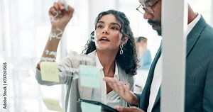 Teamwork, sticky notes and tablet with writing for brainstorming, research and mind map in meeting. Professional people, post-its and glass wall for preparing, collaboration and planning in office
