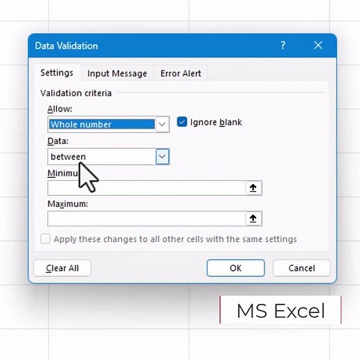 MS Excel Number Range Data Validation
