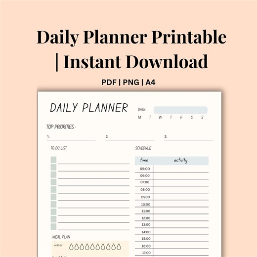 Hourly Daily Planner Printable: Wellness & Productivity Tracker (PDF) - Etsy