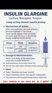 🩸 Insulin Glargine (Lantus, Basaglar, Toujeo) — a long-acting, steady insulin that keeps blood sugar controlled all day without peaks! ✅ Once daily ✅ No mixing ✅ Peakless 24-hour control Q: When is insulin glargine given? A: Once daily, usually at bedtime. Q: Can it be mixed with other insulins? A: ❌ No, it should never be mixed in the same syringe. #MBBSstudy #InsulinGlargine #DiabetesCare #Pharmacology #MedicalEducation @everyone Disclaimer: For educational use only. Not a substitute for medi