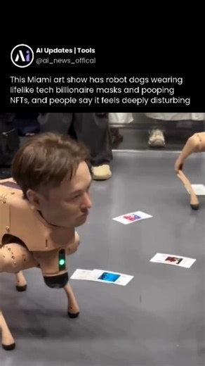 Ai Updates | Tools | Tutorials on Instagram: "Beeple’s new installation in Miami features robot dogs wearing realistic masks of tech billionaires like Elon Musk, Mark Zuckerberg, and Jeff Bezos. The robots move through the space, take photos of visitors, and drop printed images that connect to NFTs. Many people say the mix of human faces, robotic bodies, and the way the prints appear feels very unsettling. The piece is called Regular Animals and it reflects on how tech leaders and their systems 