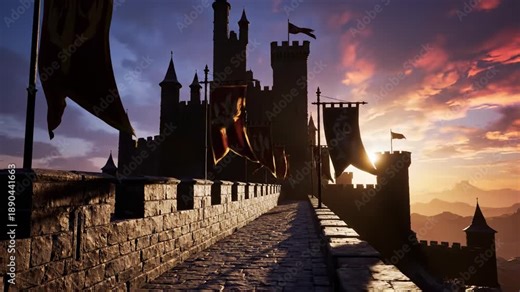 Stylized seamlessly looping animation of long medieval banners fiercely flapping on the high stone ramparts of a silhouette castle wall at dawn flapping, wind, graphics